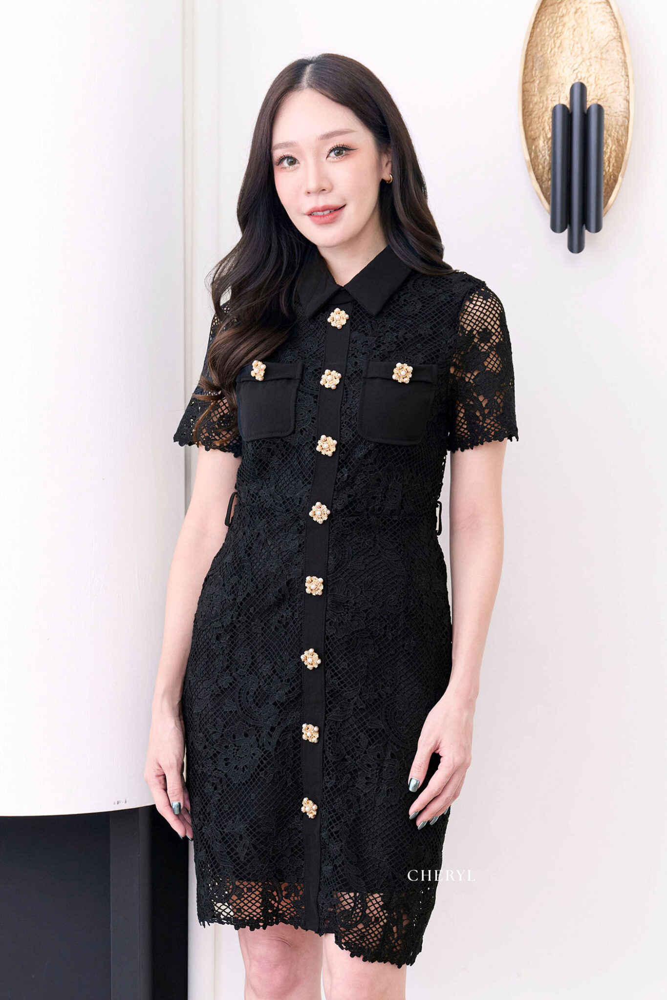 Sellie Gold Button Lace Dress in Black ** LAST LOT ** - Cheryl