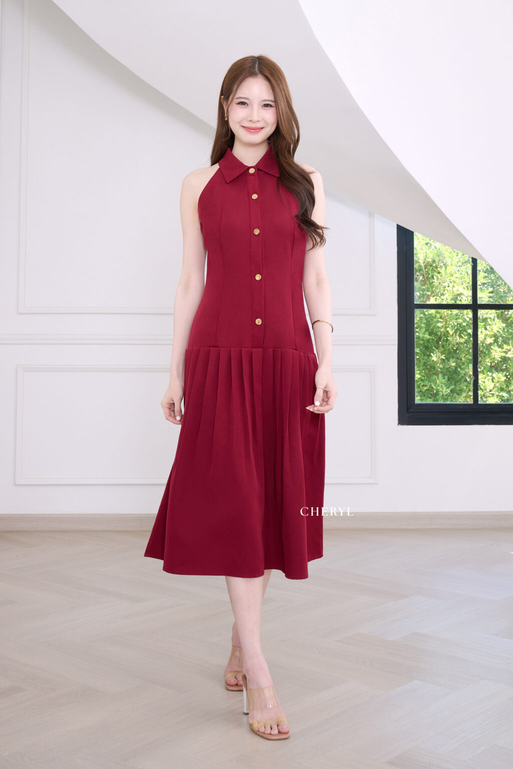 Delilah Gold Button Midi Dress in Burgundy ** LAST LOT ** - Cheryl