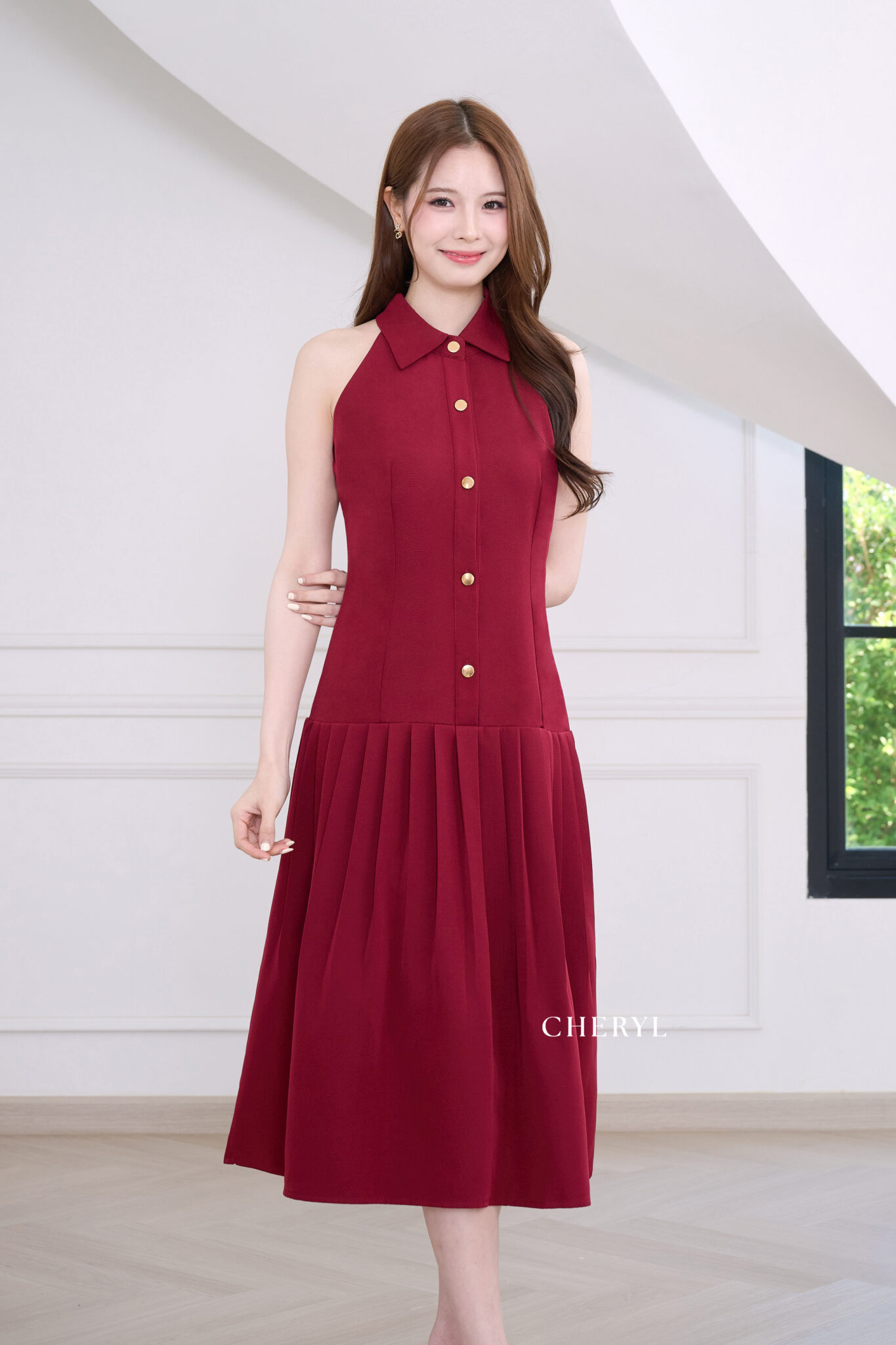 Delilah Gold Button Midi Dress in Burgundy ** LAST LOT ** - Cheryl