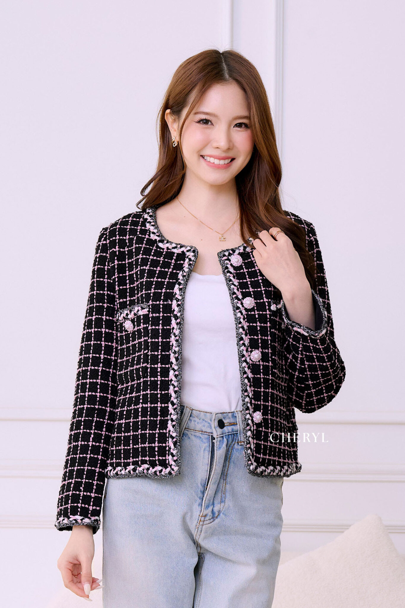Edith Pearl Button Tweed Jacket in Black Pink ** LAST LOT ** - Cheryl