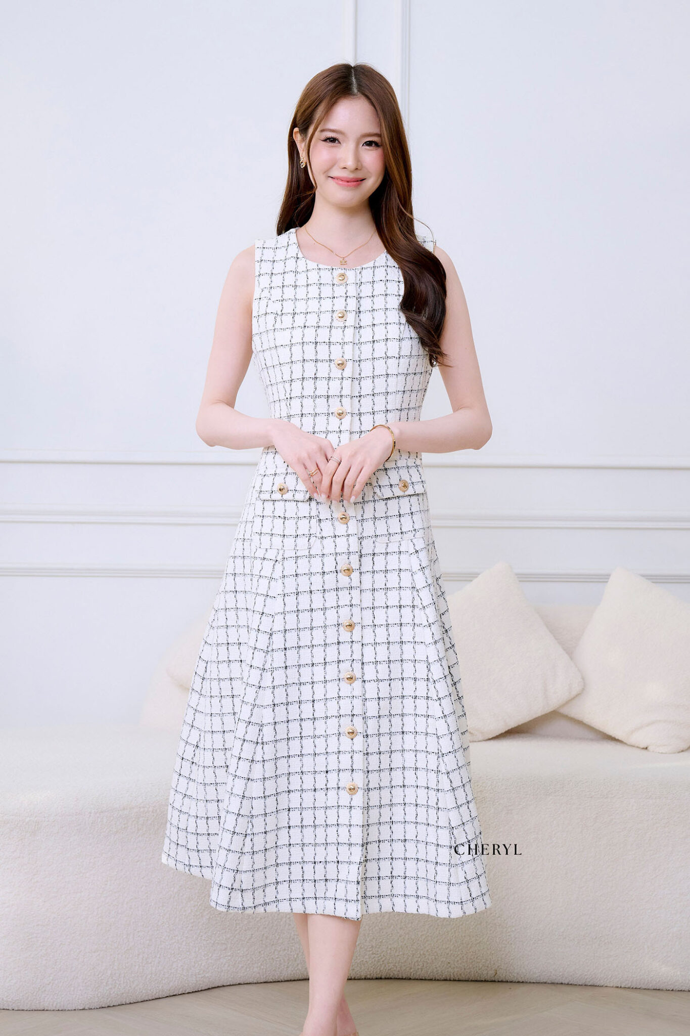 Connie Gold Buttons Midi Tweed Dress in White & Black ** LAST LOT ...