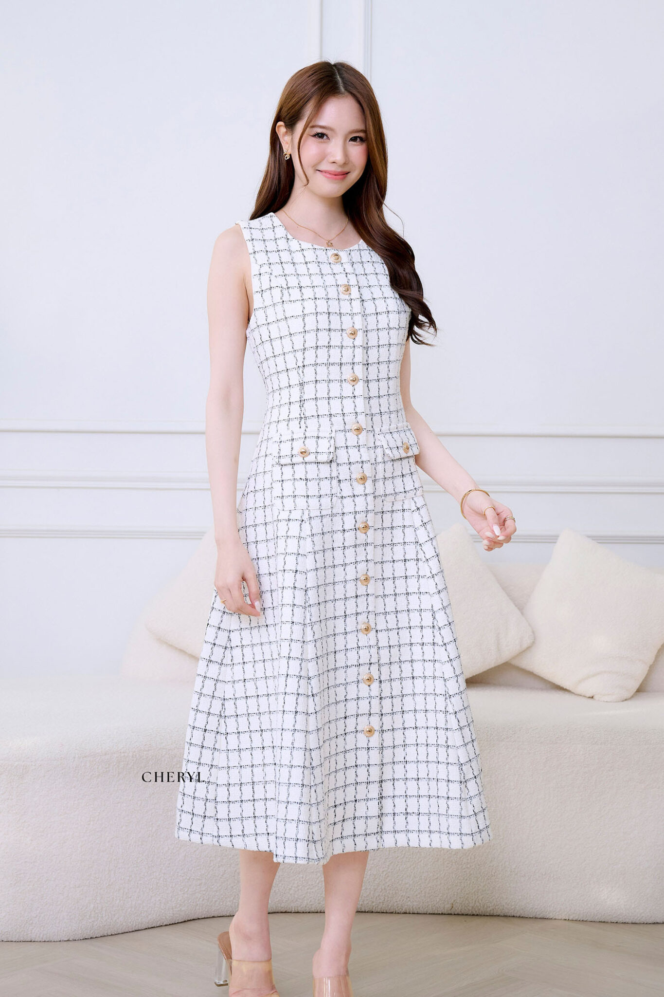 Connie Gold Buttons Midi Tweed Dress in White & Black ** LAST LOT ...