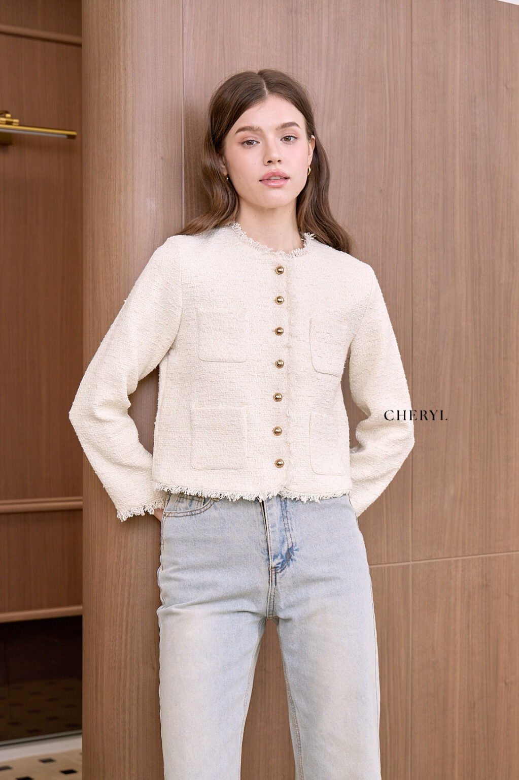 Lucifer Gold Button Tweed Jacket in White - Cheryl