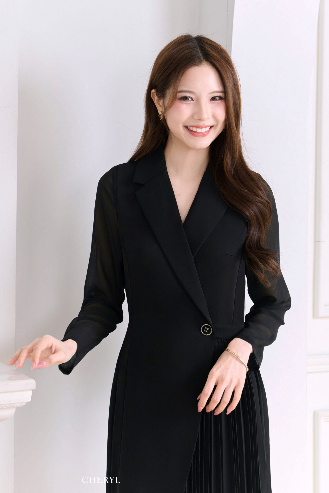 Elphina Long Sleeves Blazer Pleats Dress in Black - Cheryl